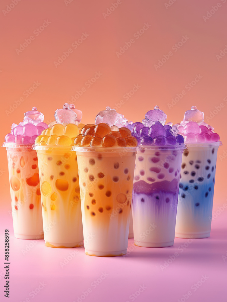 Colorful Assortment of Bubble Tea Beverages in Gradient Lighting with ...