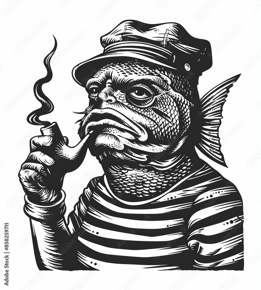 Illustration of a fish man sailor with a pipe. Mariner in a cap and ...