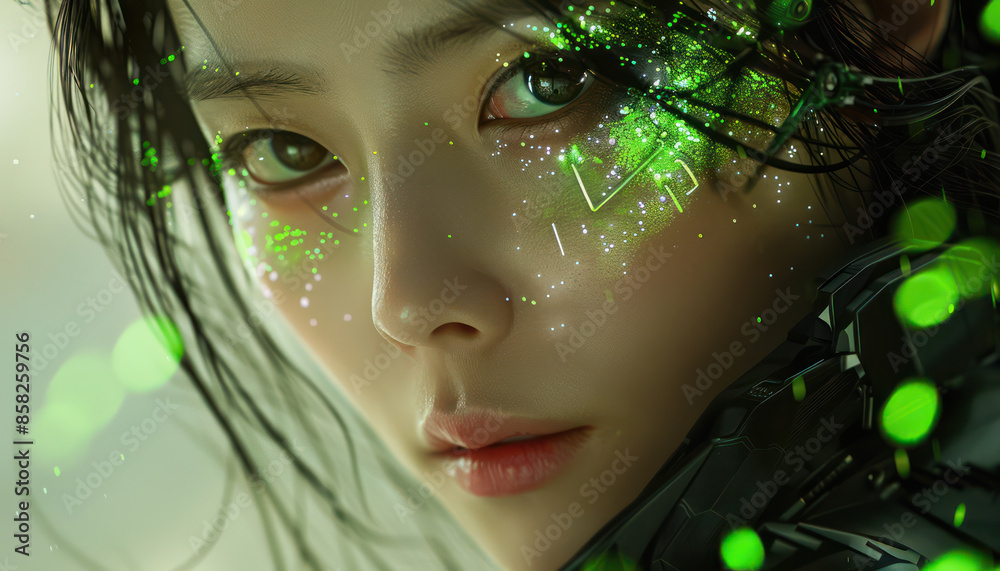 Futuristic Human Cyborg Hybrid with Glowing Green Markings and ...