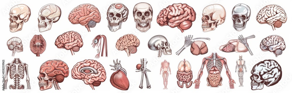 Modern illustration of human organs. Illustration of skull, heart ...