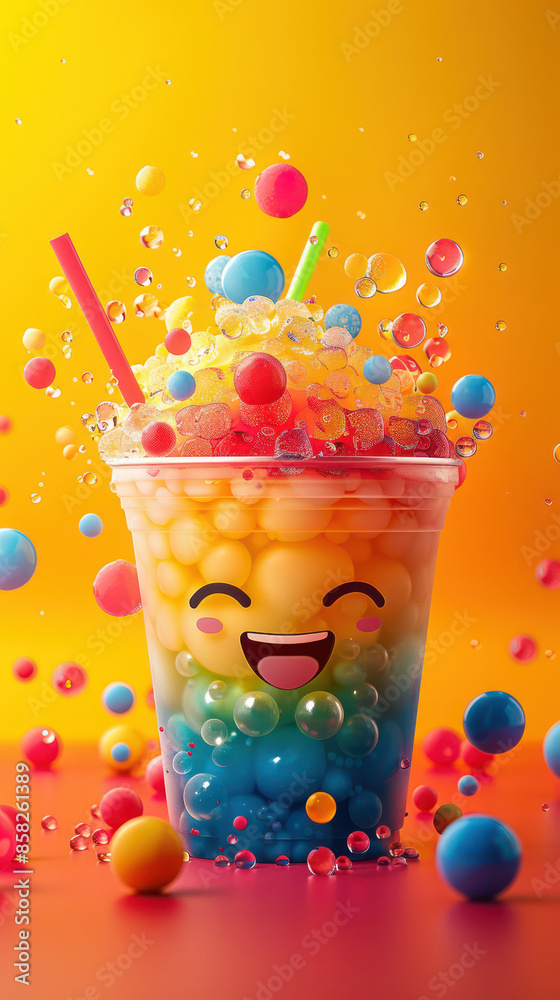 Colorful and Cheerful Bubble Tea Delight with Smiling Face in a Vibrant ...