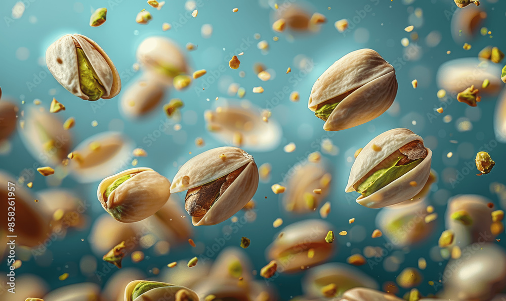 Realistic pistachio nuts falling, exploding splash for snack packaging ...