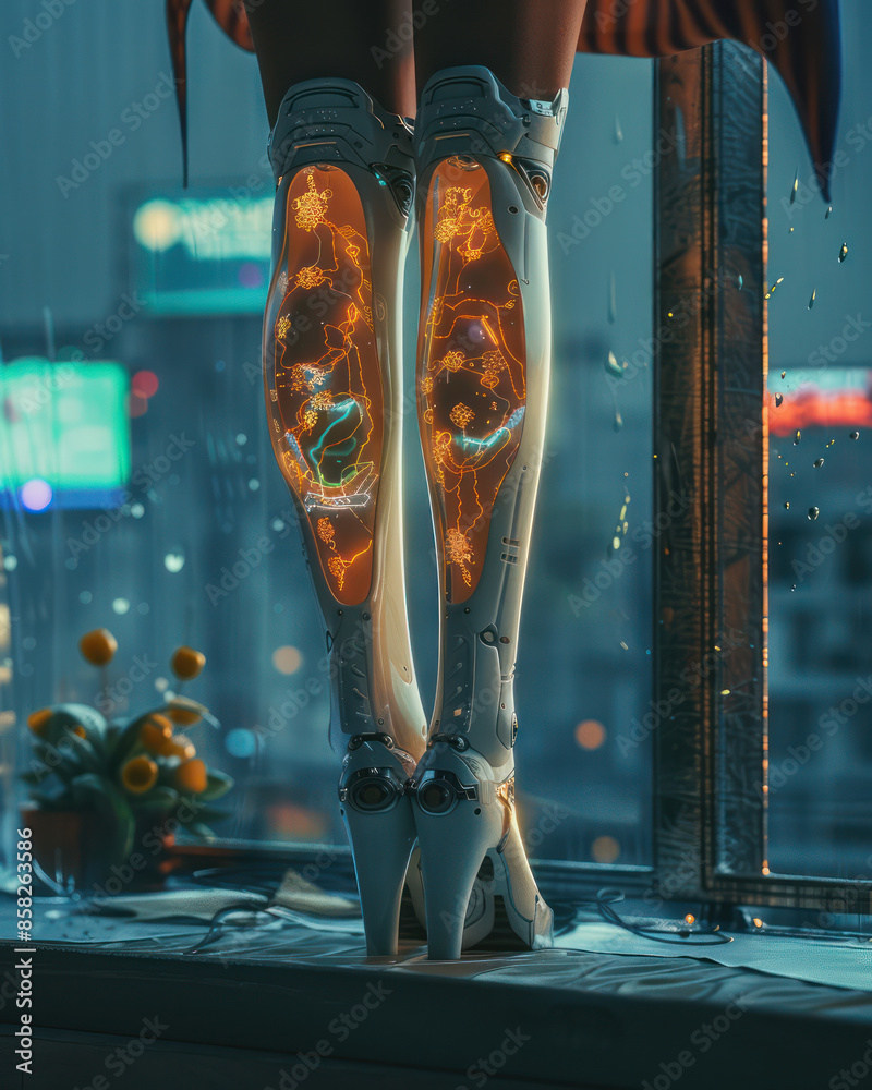 Foto de Futuristic High Tech Robotic Legs with Transparent View of Internal Mechanisms Standing ...