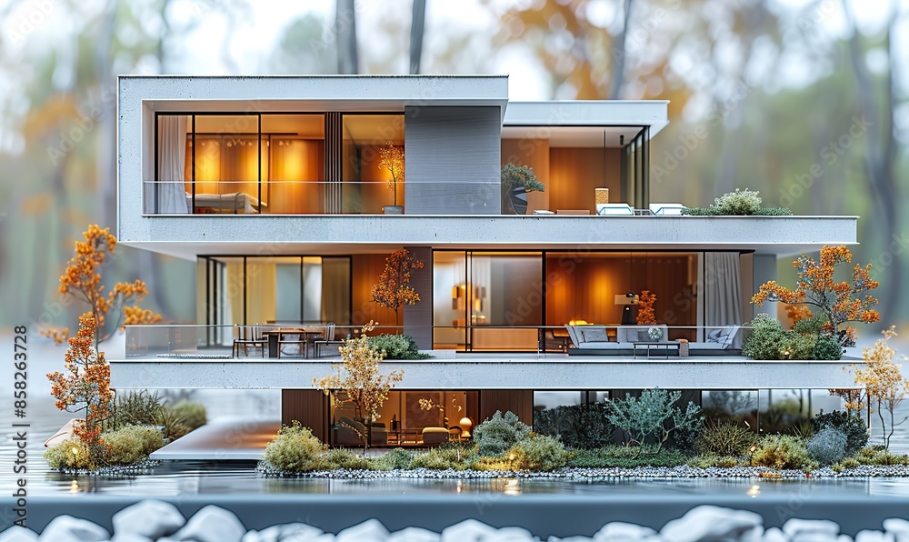 Modern residential building model with blueprints, elevations, and CAD ...