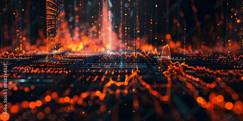 Abstract black background with floating analog and digital waveforms ...