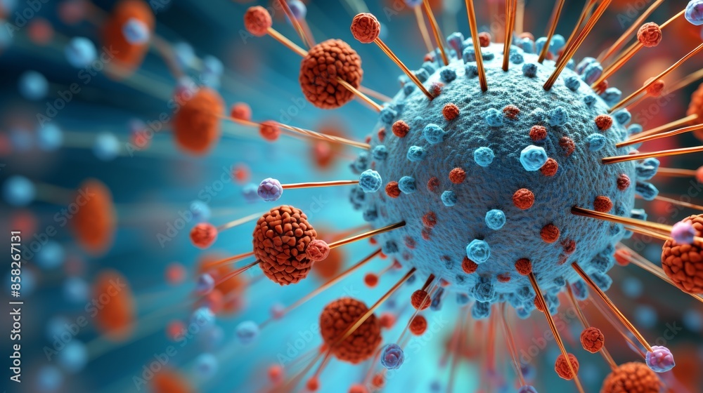 A microscopic view of a virus particle, revealing a complex structure ...