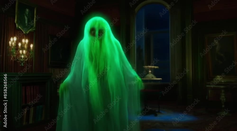 A transparent ghost, with glowing eyes and flowing robes, gliding ...
