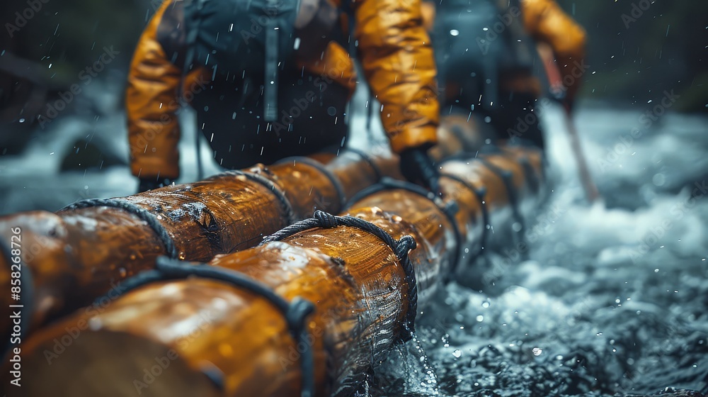 Building a raft involves tying together wooden logs with rope knots to ...