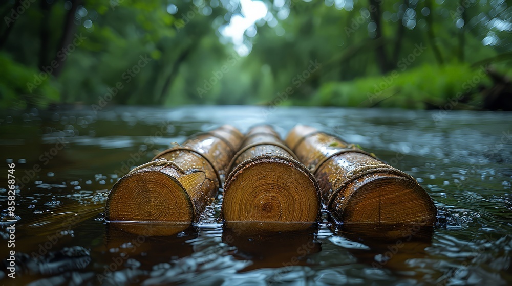 Building a raft involves tying together wooden logs with rope knots to ...