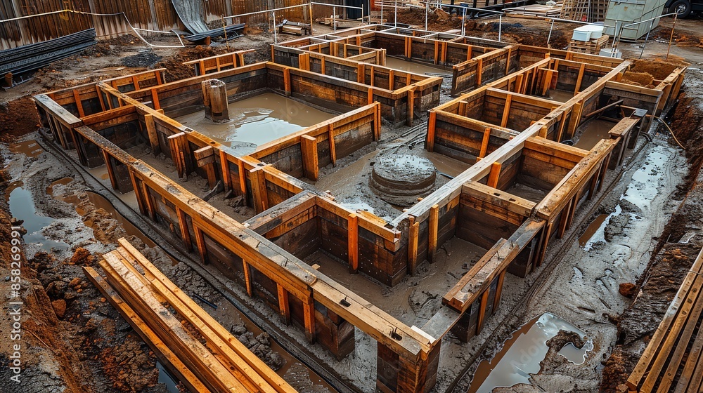 Formwork assembly: wooden molds, concrete casting, construction site ...