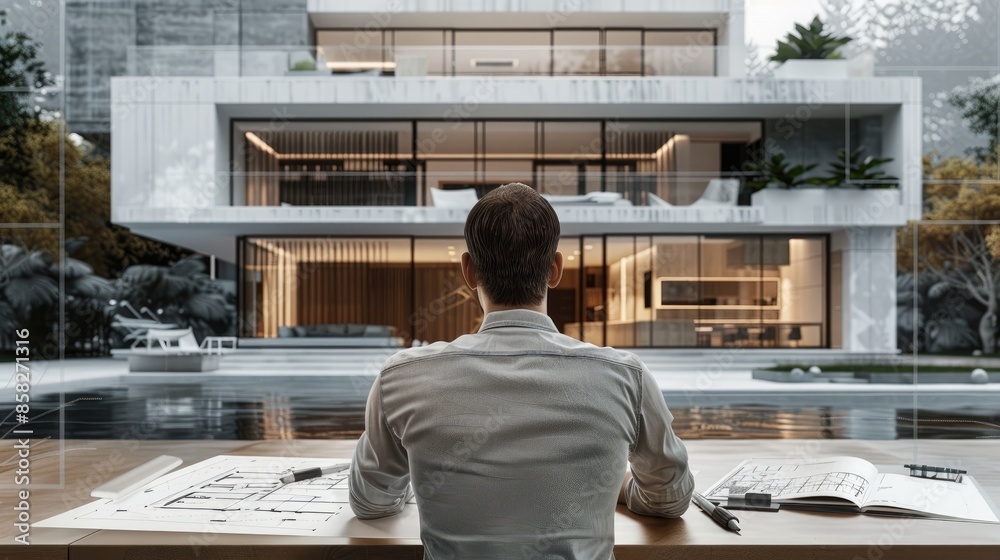 Architect immersed in house project plans, epitomizing the synergy of ...