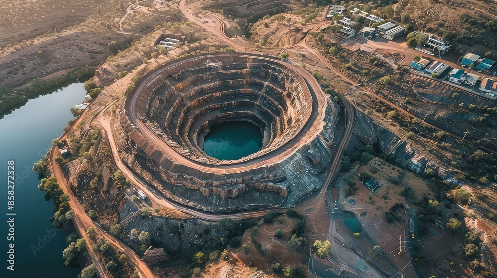 Top down aerial view of a colorful open pit mine in cobar, outback ...
