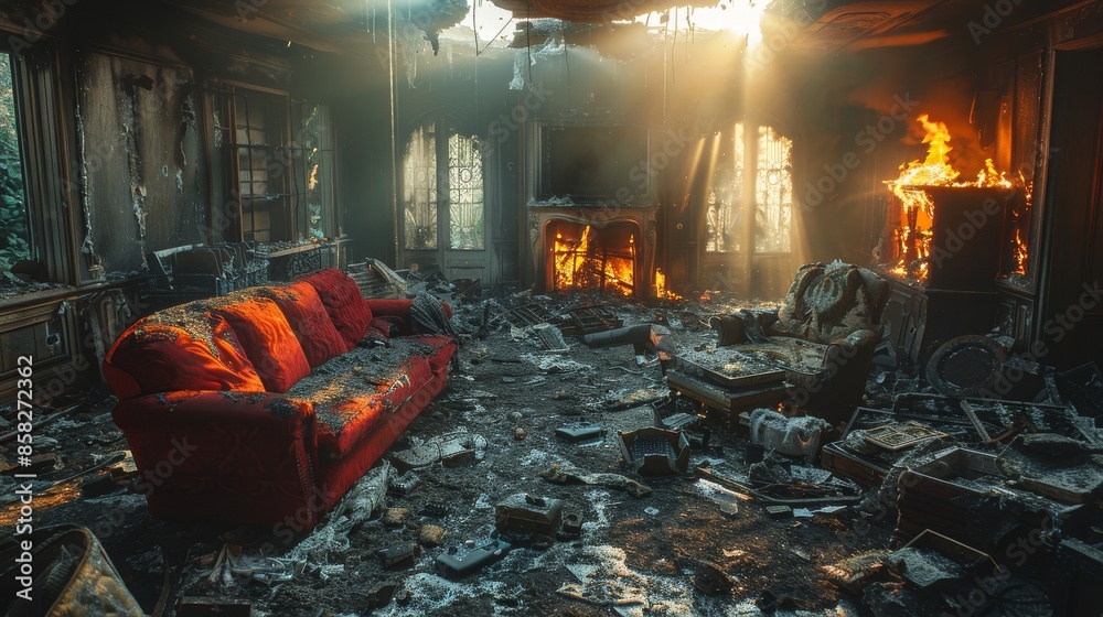 A living room bears the aftermath of a destructive fire, featuring a ...