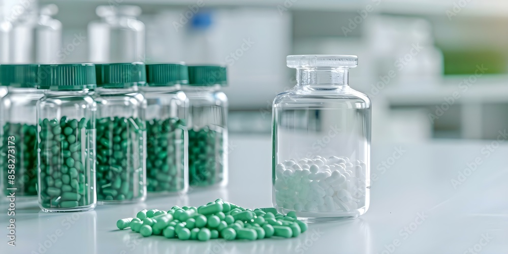 Lab table displaying biodegradable plastic granules in test tubes and ...