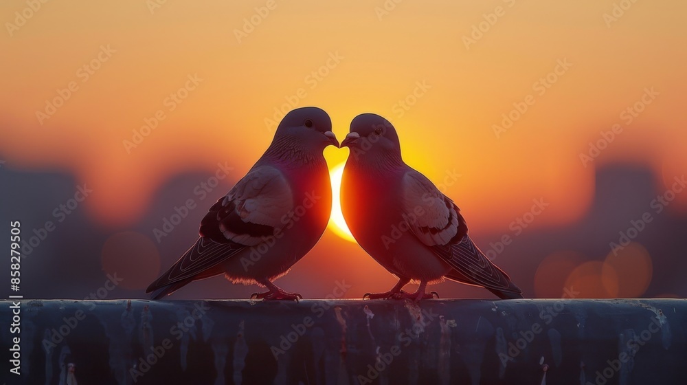 Romantic Silhouette of Lovebirds Sharing a Sunset Moment on ...