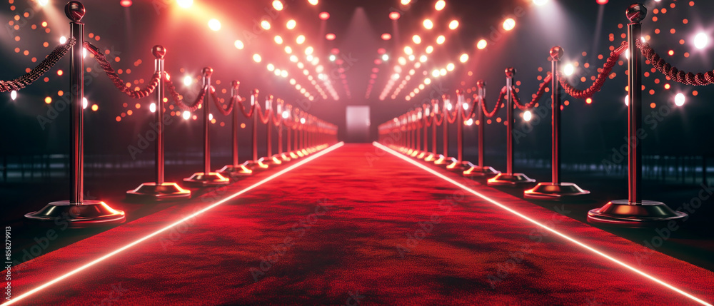 Red carpet walkway with stanchions and lights. A glamorous entrance ...