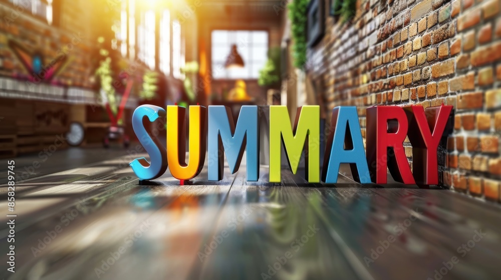 Colorful "SUMMARY" Text in Industrial Office Loft, Concept of Recap and ...