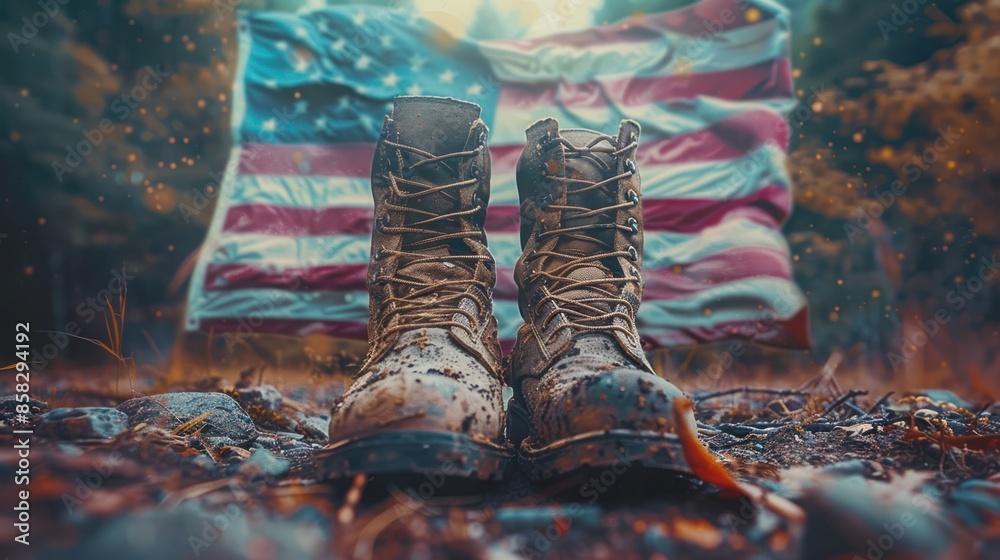 Memorial Day Tribute: Old Army Combat Boots Against American Flag ...