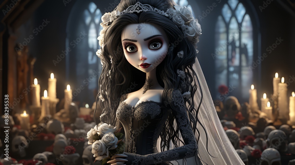 3D cartoon character, a bride in a black wedding dress and veil on a ...