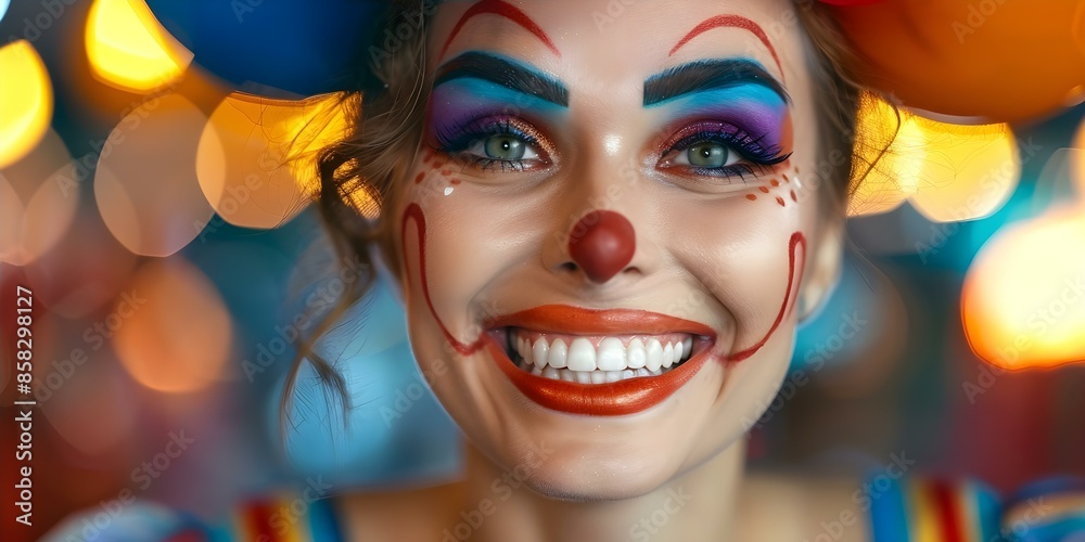 Female circus clown with big smile colorful makeup entertaining ...