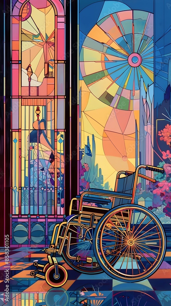 Whimsical Art Nouveau Stained Glass Window with Wheelchair and ...