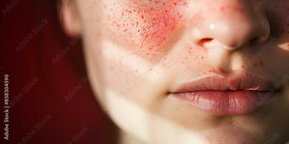 Closeup image of womans red facial rash caused by lupus allergy ...