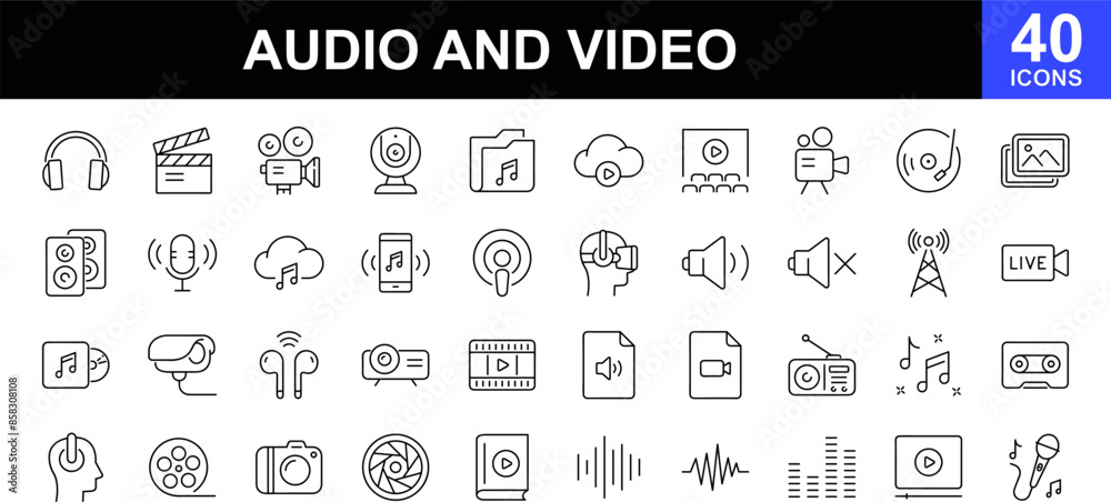 Audio and video icon set. Thin line icons set. Contains such icons as ...