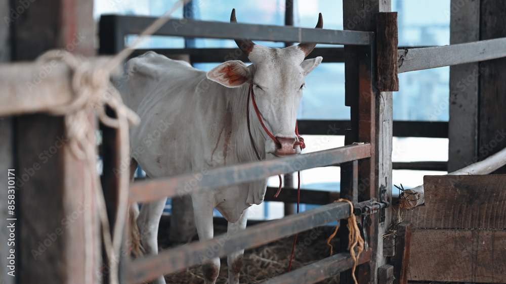 A white cow with horns standing inside a wooden enclosure. The cow is ...
