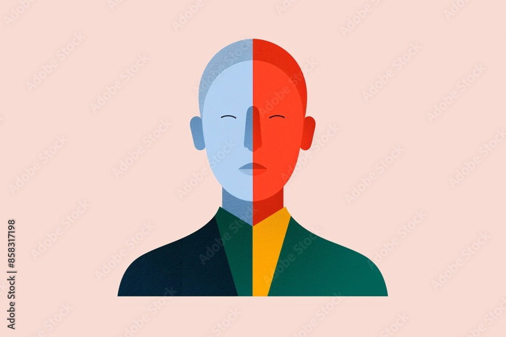 Abstract illustration of a human face split into two monochromatic ...
