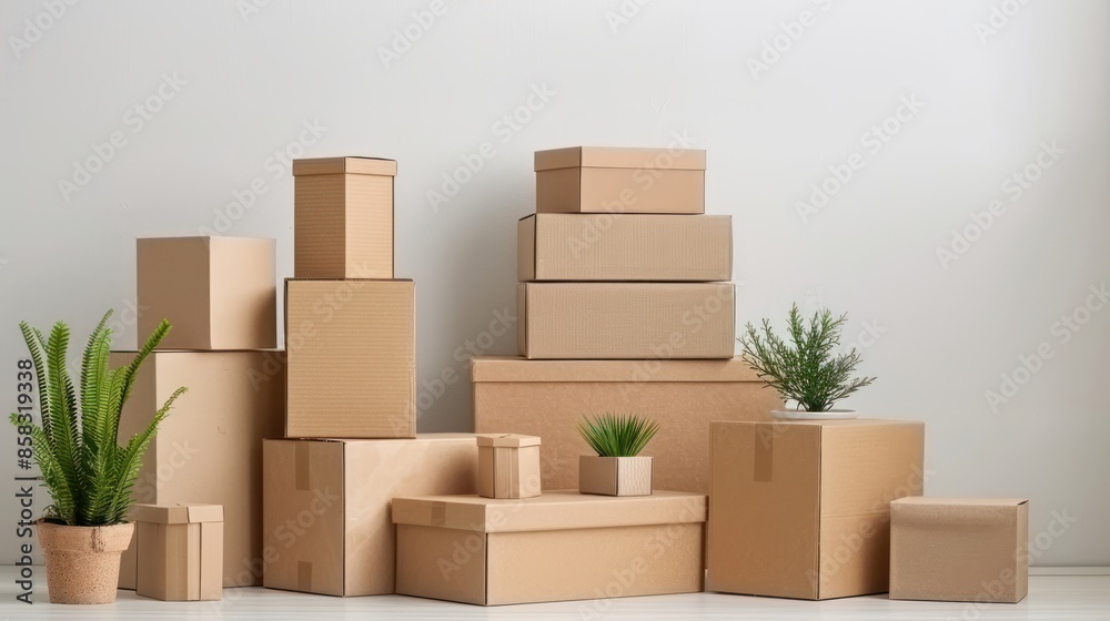 A creative composition featuring a stack of brown packaging boxes and ...
