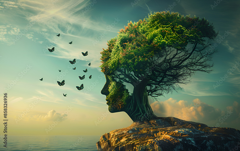 Conceptual image of a person's head made out of nature tree and ...