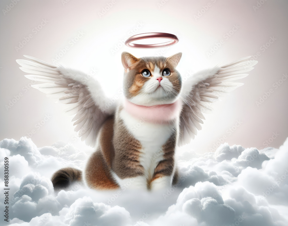 Angelic Cat in Heaven with White Wings and Halo - A fluffy cat with ...