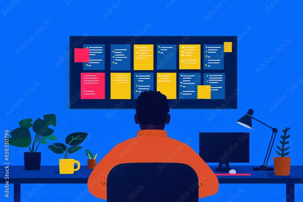 ภาพประกอบสต็อก Person working in front of a digital planning board with ...