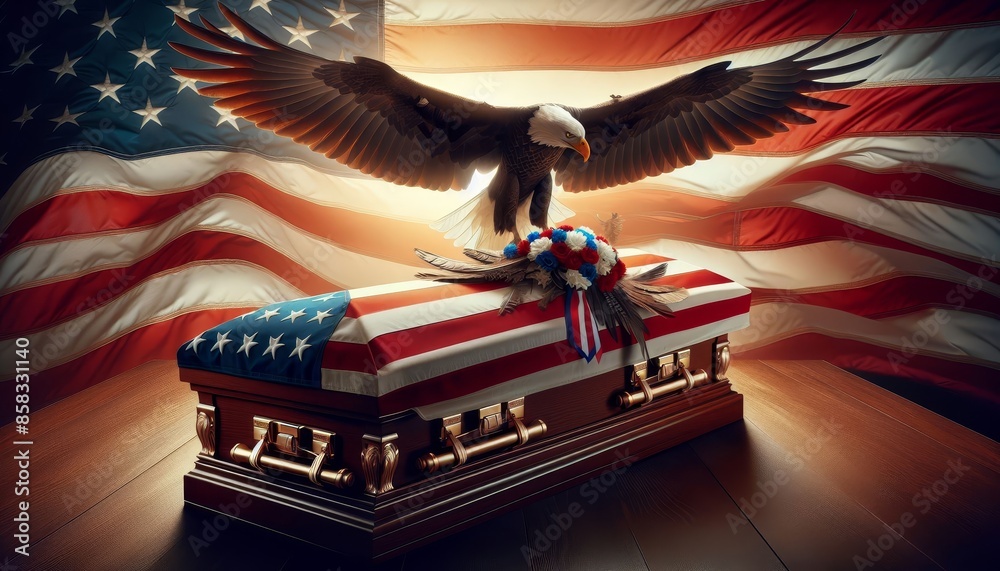 American Bald Eagle Soaring Over a Casket Draped with the US Flag - A ...