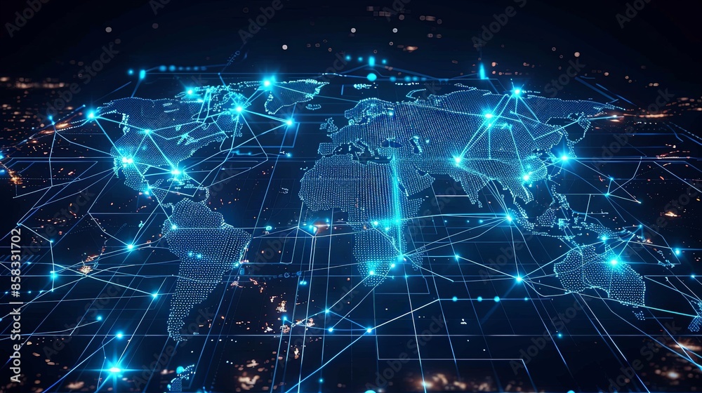 Futuristic world map highlighted in vibrant blue hues illustrating ...