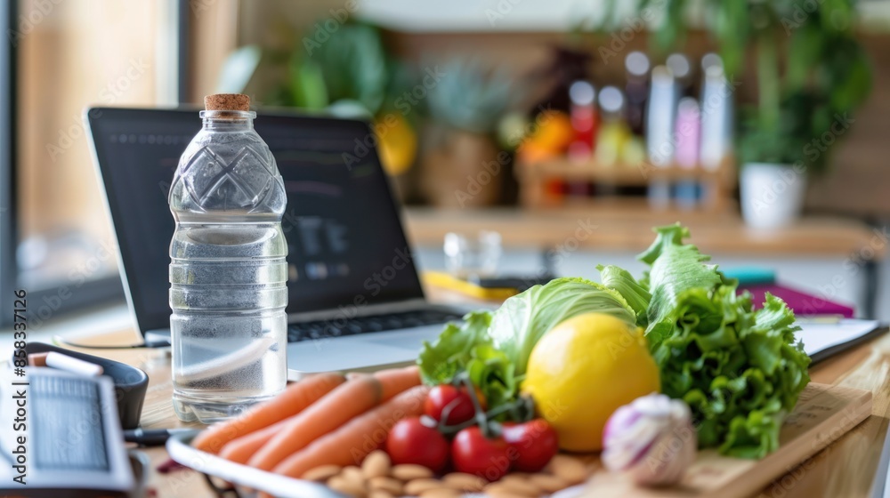 An office desk setup with a laptop, healthy snacks, and a water bottle ...