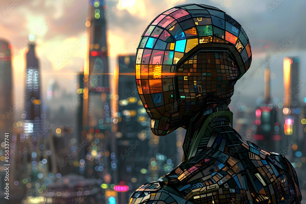 Cyborgs in Mosaic Style. Robot with Complex Geometric Patterns and ...