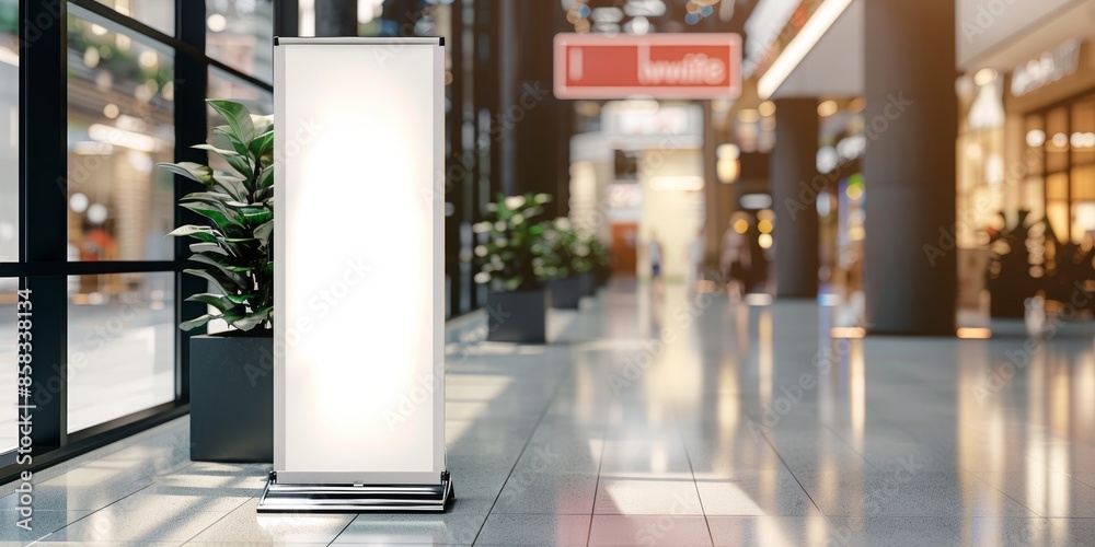 roll up mockup poster stand in an shopping center or mall environment ...