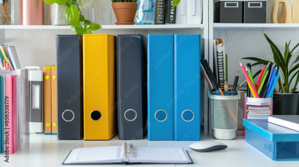 Organized office desk with labeled folders, file trays, and a desktop ...