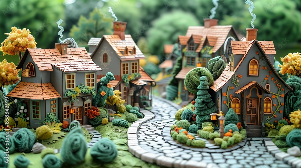 Paper craft fantasy village with quaint cottages and winding ...