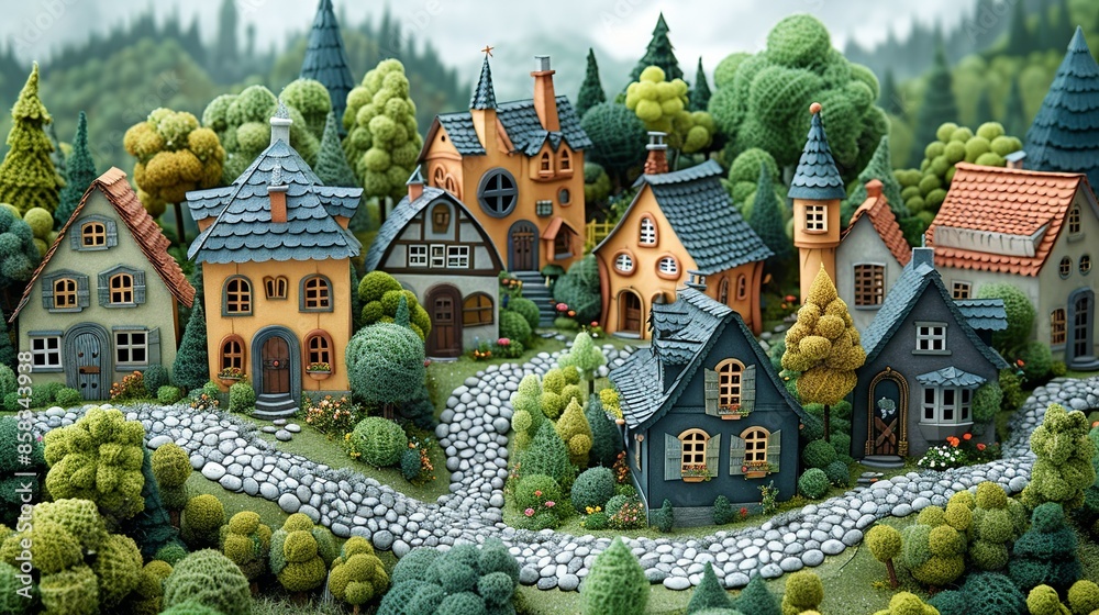Paper craft fantasy village with quaint cottages and winding ...