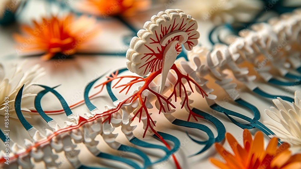 A detailed paper craft model of the human nervous system, highlighting ...