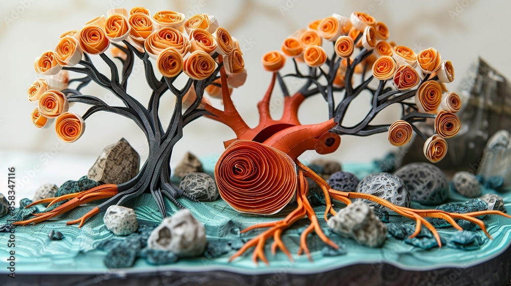 An intricately designed paper craft model of the human cardiovascular ...