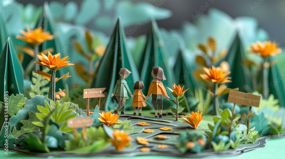 Create a detailed paper craft of a family at a nature reserve. Include ...