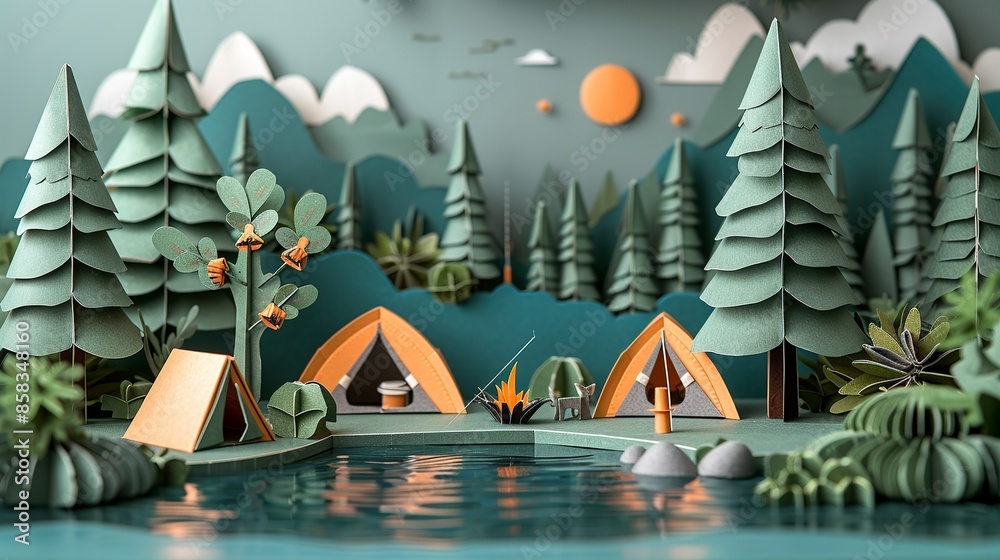 Create a detailed paper craft of a family camping by a lake. Include ...