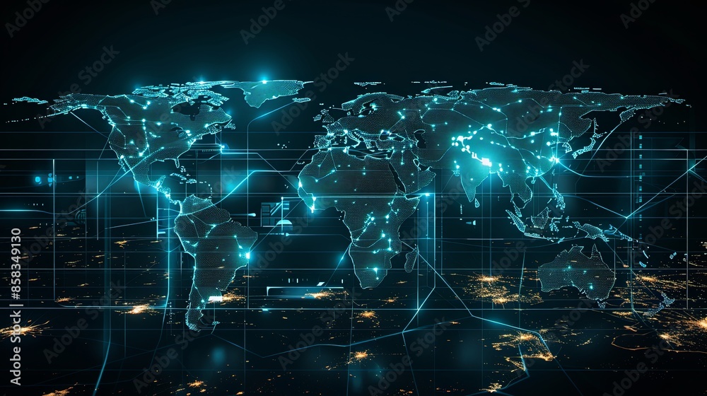 A striking global network map displaying glowing digital connections across continents ...