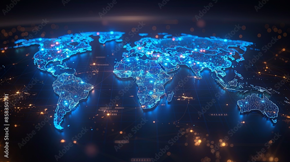 A modern world map illustration showing blue digital networks and ...