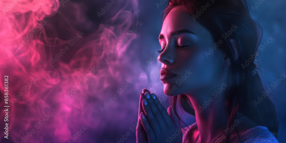 Pretty young woman in prayer. Unique prayer concept with a fantasy ...