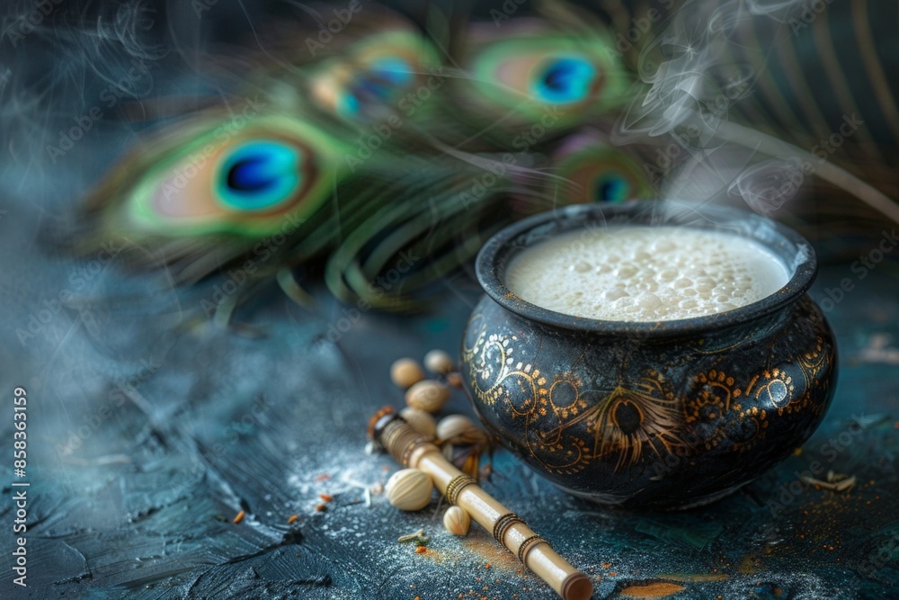 Happy Krishna Janmashtami concept. Pot with milk, bansuri and peacock ...