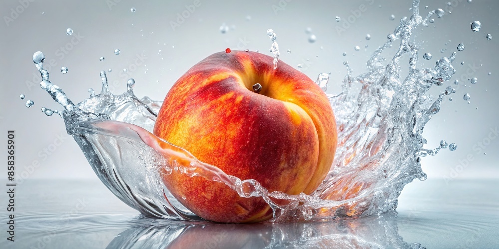 Peach bursting in a water splash, depicted in a render/ , peach, burst ...